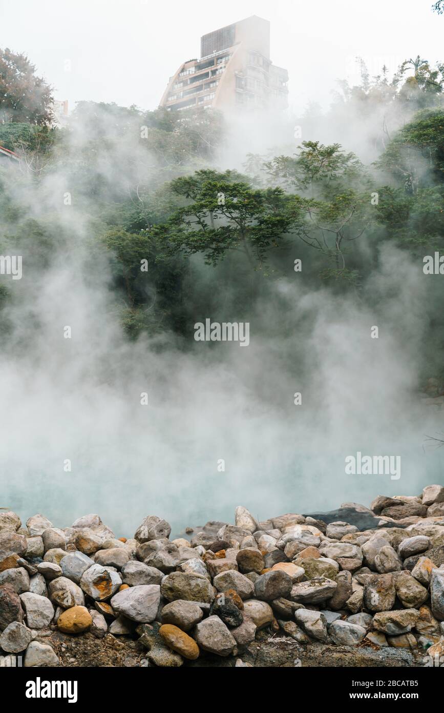 The famous Beitou Thermal Valley in Beitou Park, boiling steam from hot ...