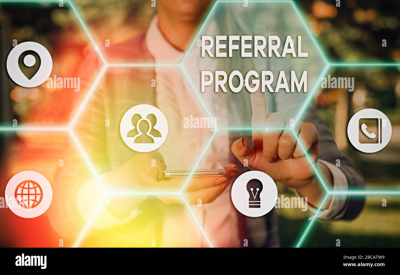 Word writing text Referral Program. Business photo showcasing employees are rewarded for ...