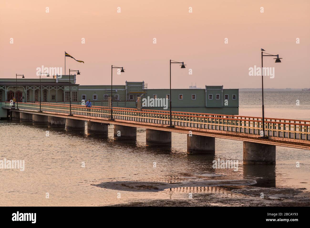 Sweden, Scania, Malmo, Riberborgs Stranden beach area, pier at sunset ...
