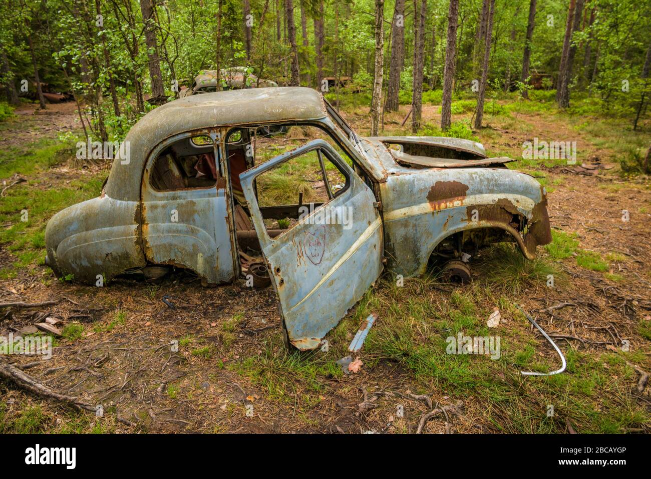 Sweden, Smaland, Ryd, Kyrko Mosse Car Cemetery, former junkyard now pubic park, junked cars ...