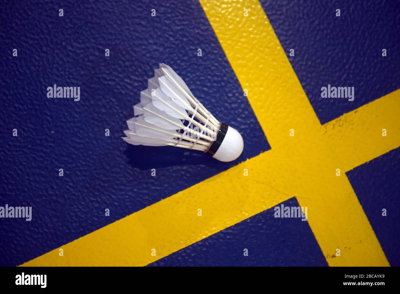 Cream white badminton shuttlecock ona blue floor indoor badminton court ...