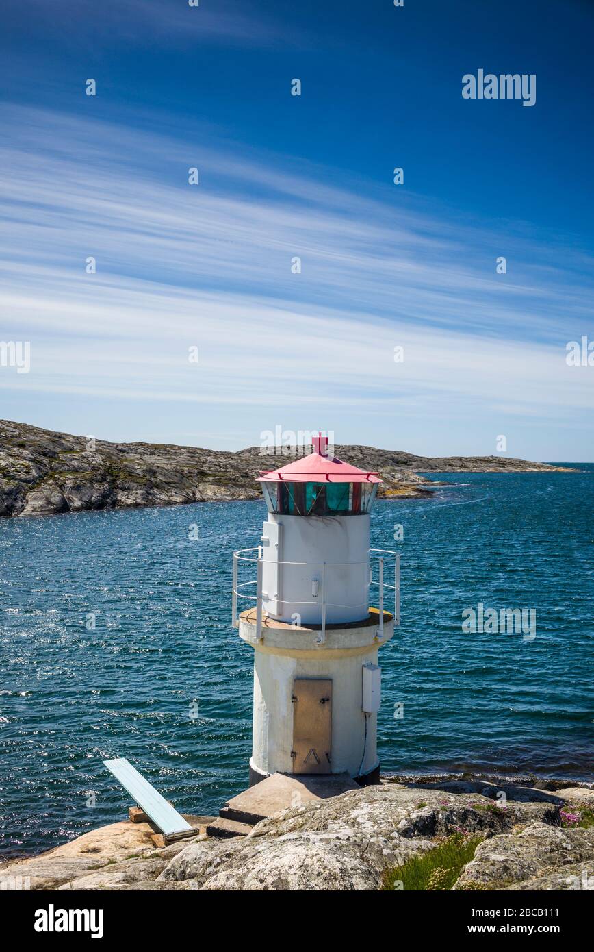 Sweden, Bohuslan, Orust Island, Mollosund, small lighthouse Stock Photo ...