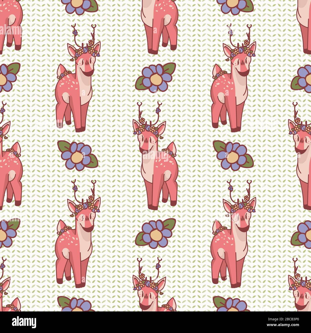 Cute cartoon deer with flower seamless pattern. Kawaii girly doe animal ...