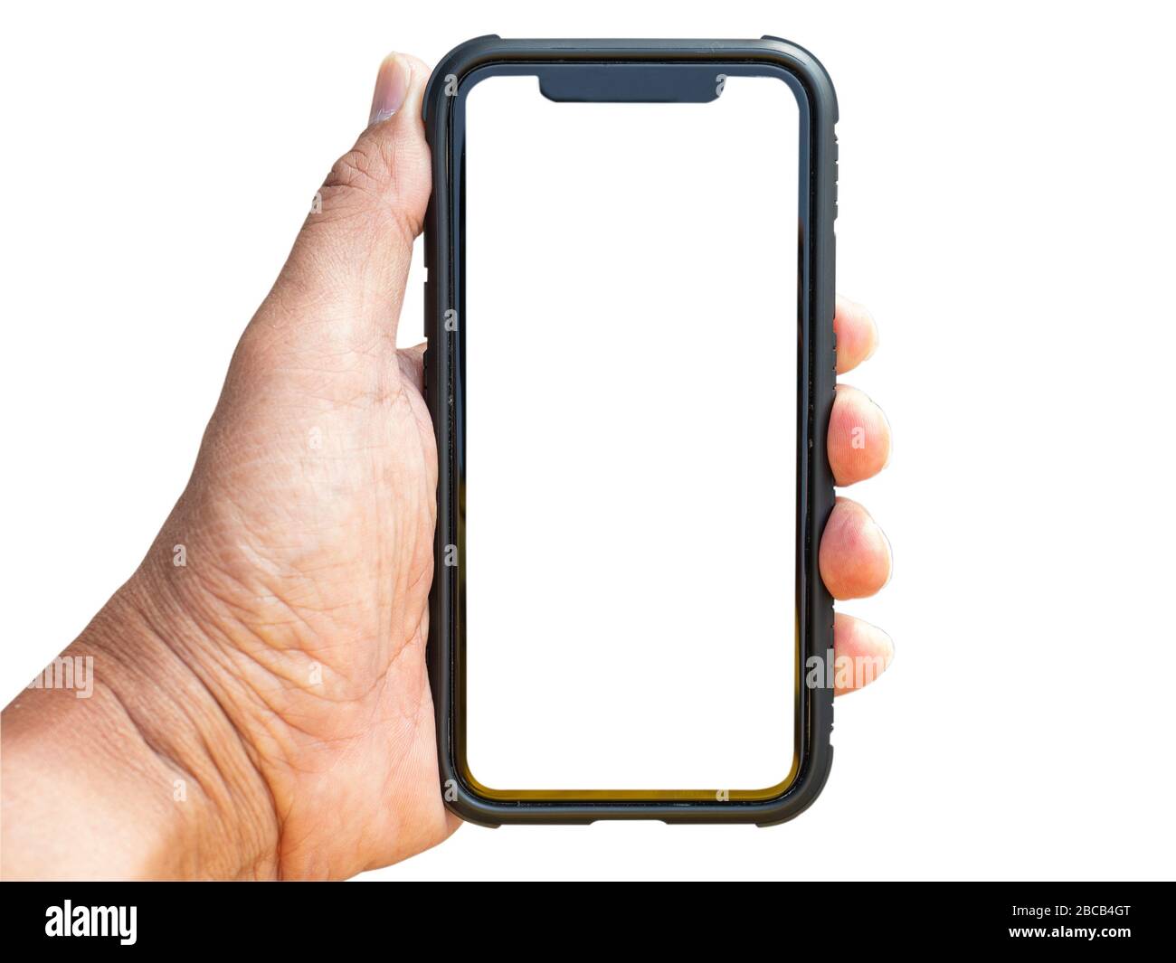 Isolate an old smartphone with a protective case held in the right hand ...
