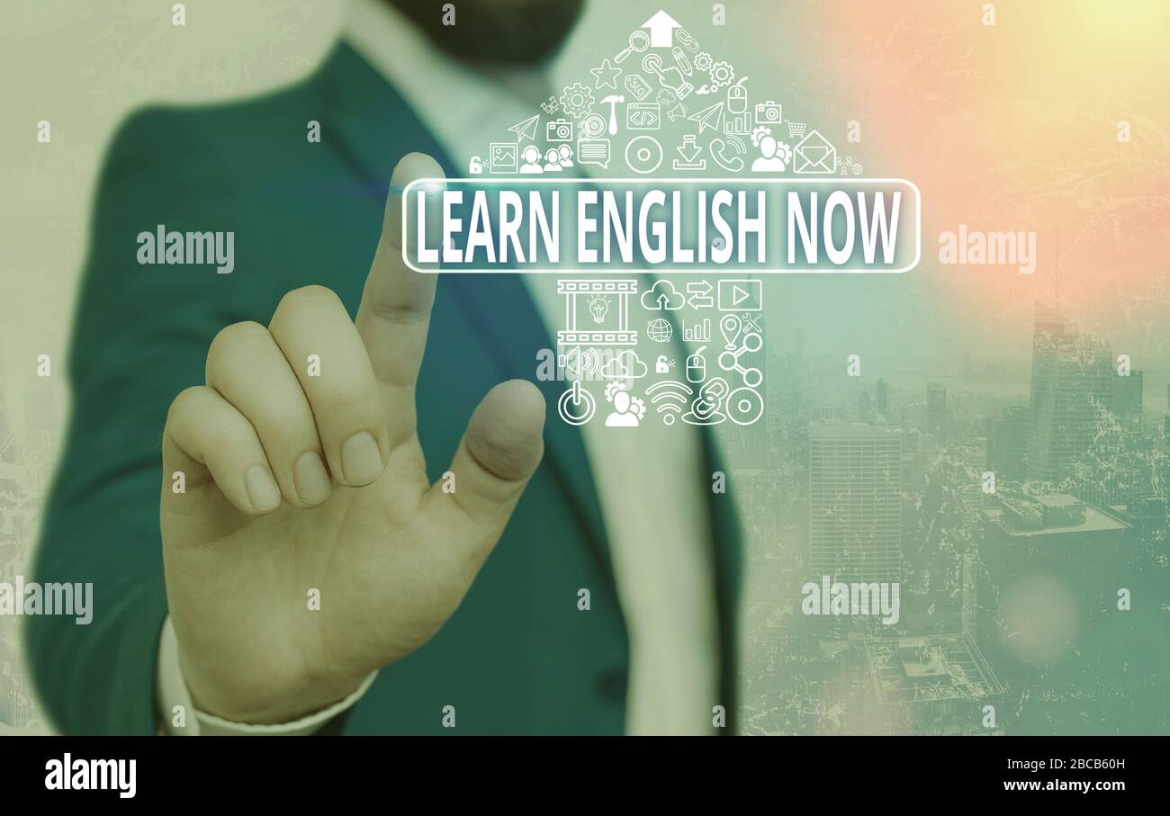 Text sign showing Learn English Now. Business photo text gain or ...