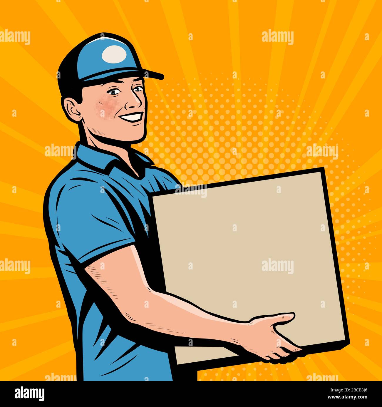 Delivery person worker delivered box. Retro comic pop art vector ...