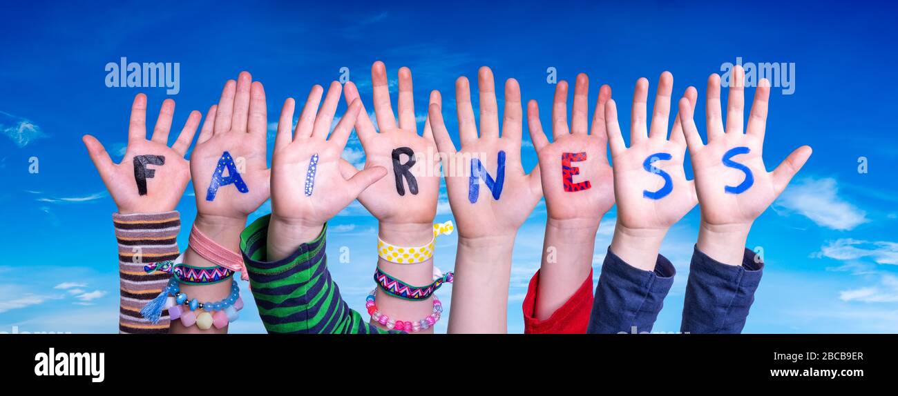 Children Hands Building Word Fairness, Blue Sky Stock Photo - Alamy