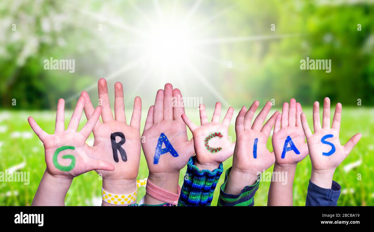 Children Hands Building Word Gracias Means Thank You, Grass Meadow ...