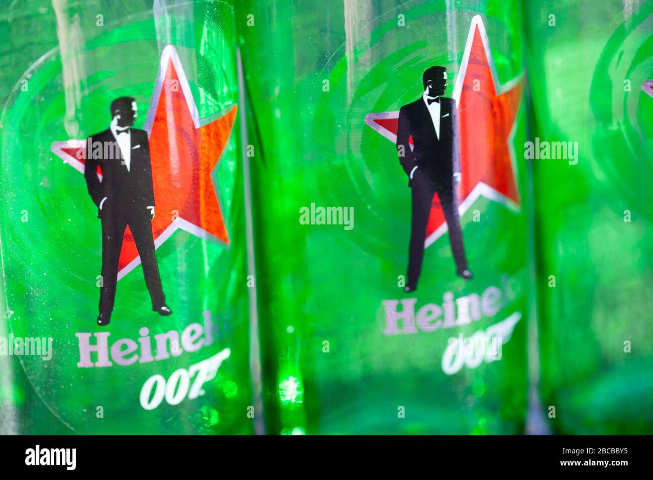 Heineken brand green glass bottles ( 007 series design Stock Photo - Alamy