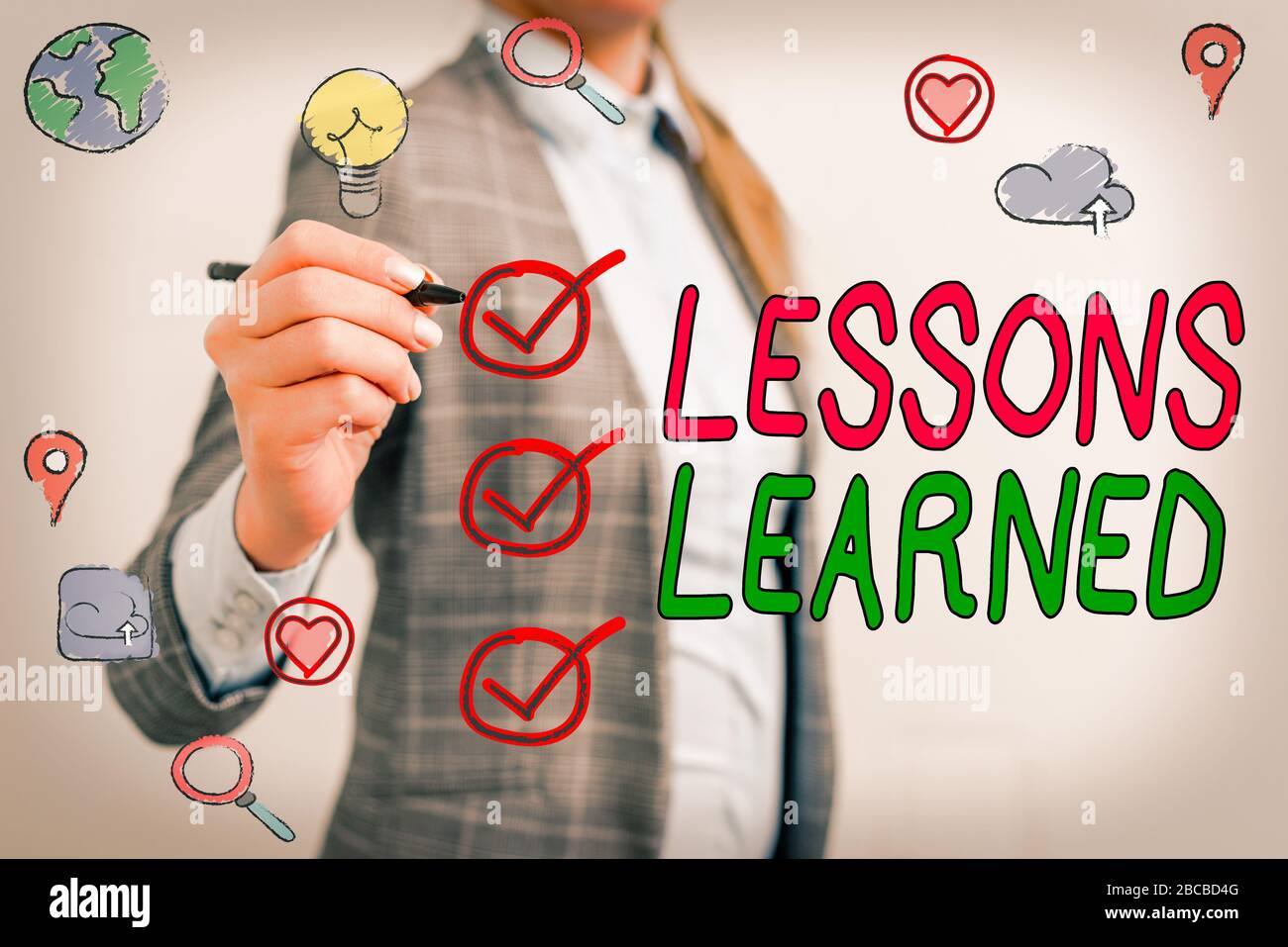 Writing note showing Lessons Learned. Business concept for the knowledge or understanding gained ...