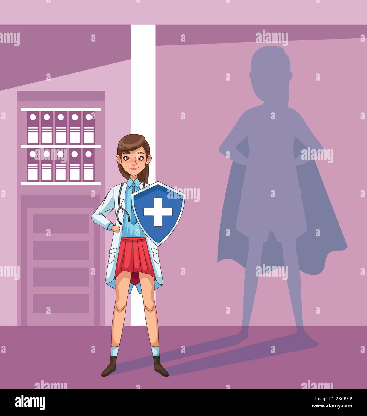 super female doctor with shield and cloak vs covid19 Stock Vector Image ...