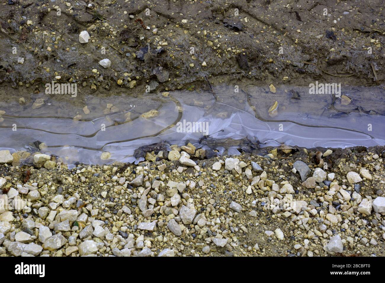 frozen puddle on dirt road in late winter, rural scene with frozen ...