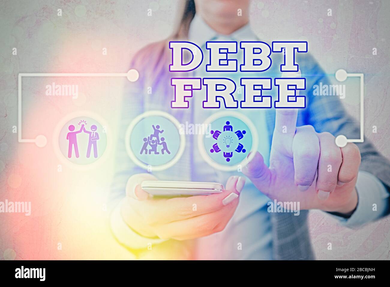 Writing note showing Debt Free. Business concept for free from owning ...