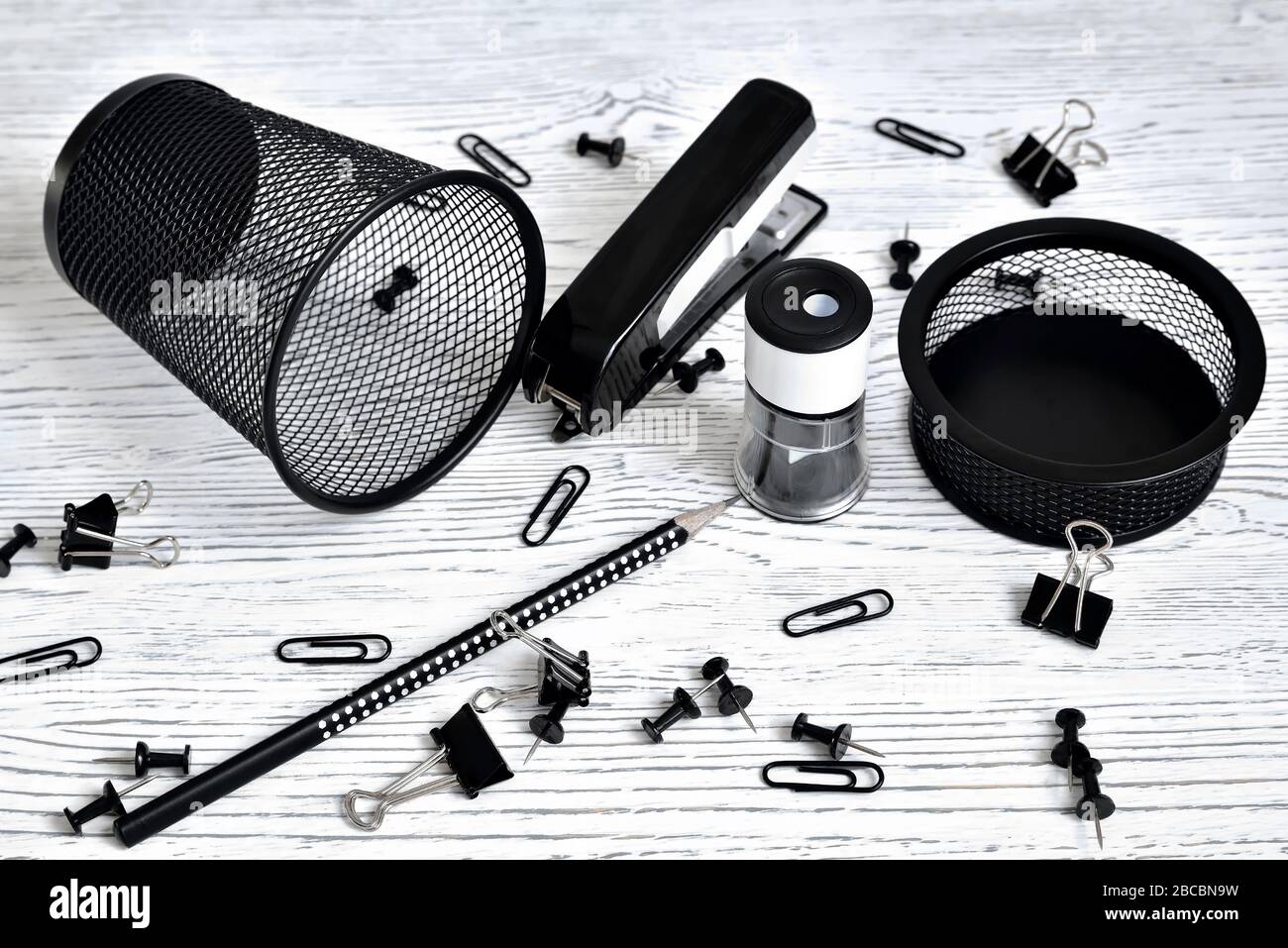 stationery black and white supplies, white gray patchy background Stock ...