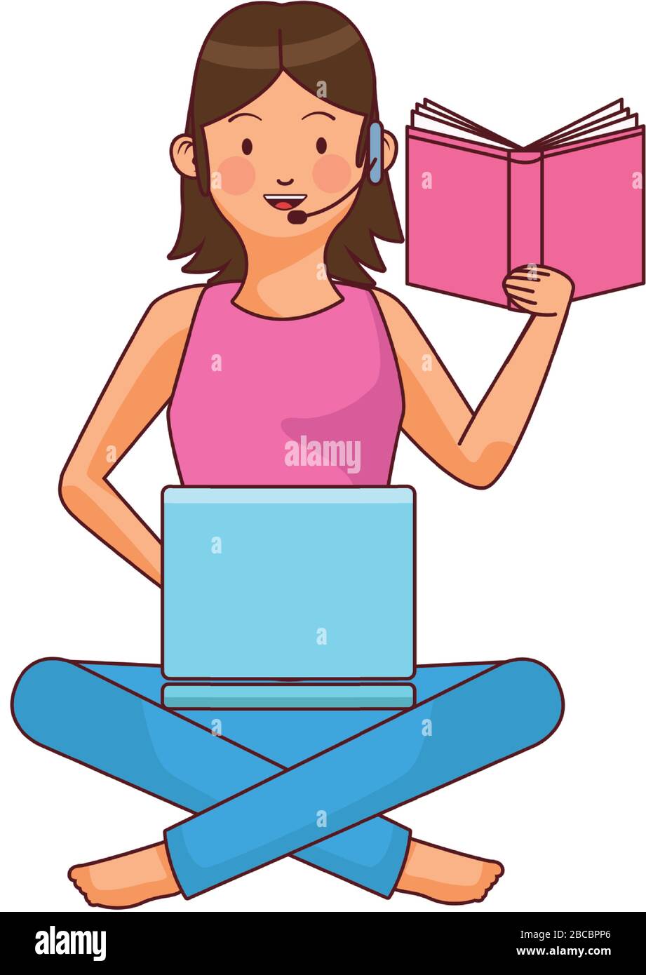 woman working with laptop and reading book Stock Vector Image & Art - Alamy