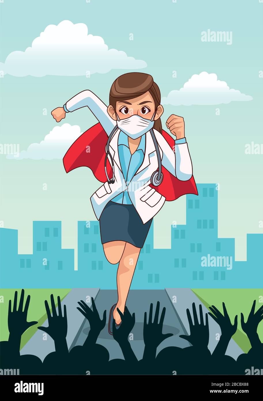 super female doctor runing with people cheering Stock Vector Image ...