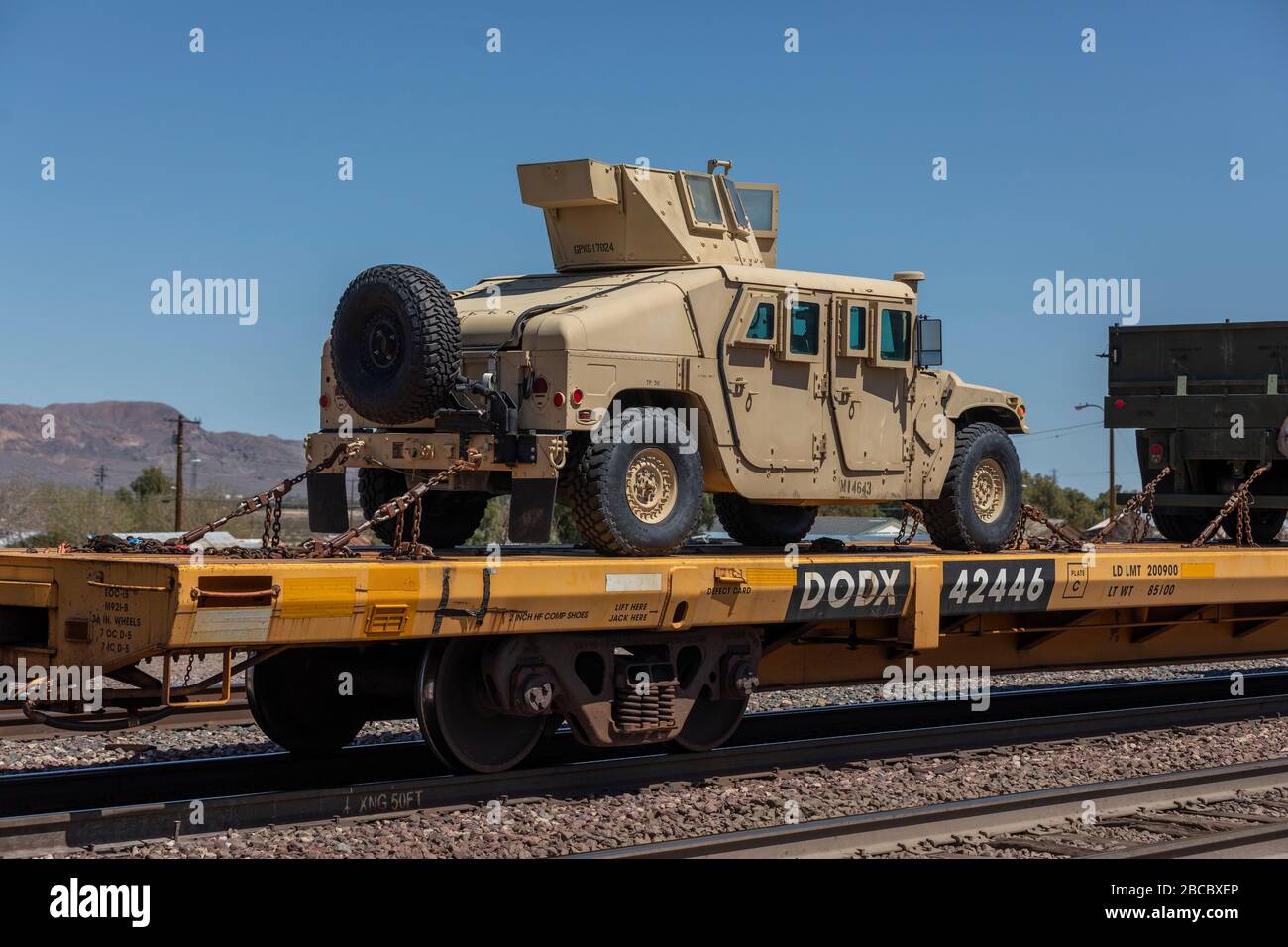 A military humvee is transported to Marine Corps Logistics Base Barstow ...