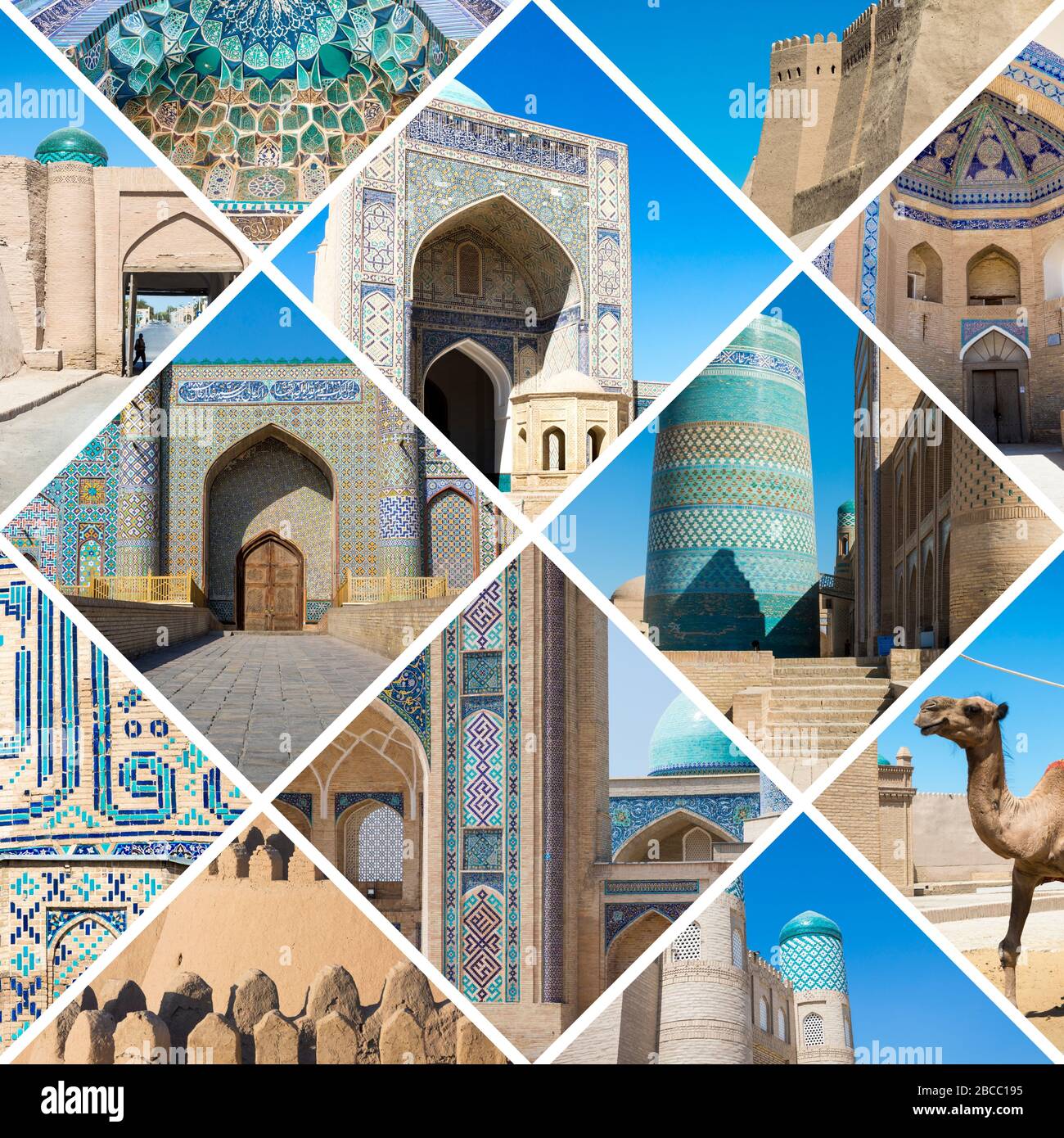 Collage of popular tourist destinations in Uzbekistan. Travel background. Central Asia Stock ...