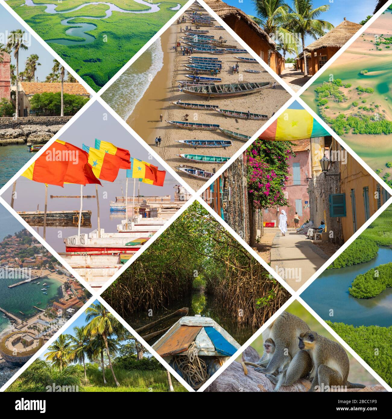 Collage of popular tourist destinations in Senegal. Travel background ...