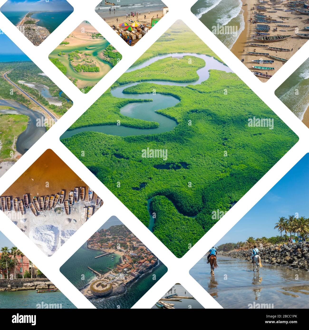 Collage of popular tourist destinations in Senegal. Travel background ...