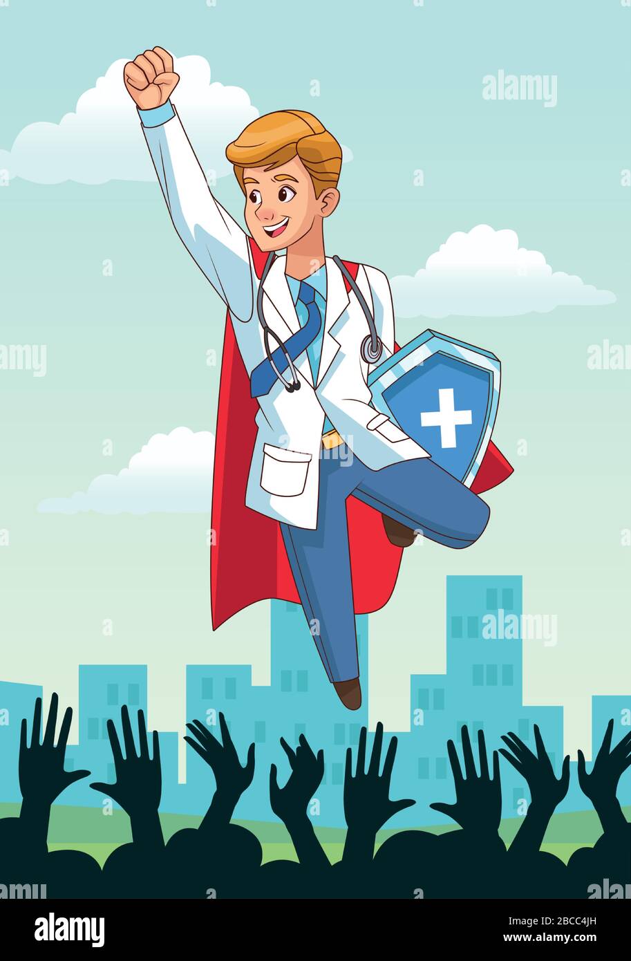 super doctor flying with shield and people cheering Stock Vector Image ...