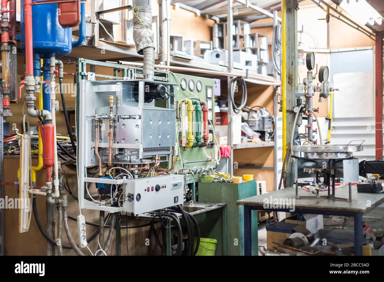 Internal view of the gas heater boiler in workshop. Manufacture and ...