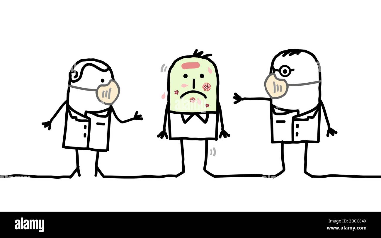 Cartoon doctors with masks and an infected patient with Virus Stock ...