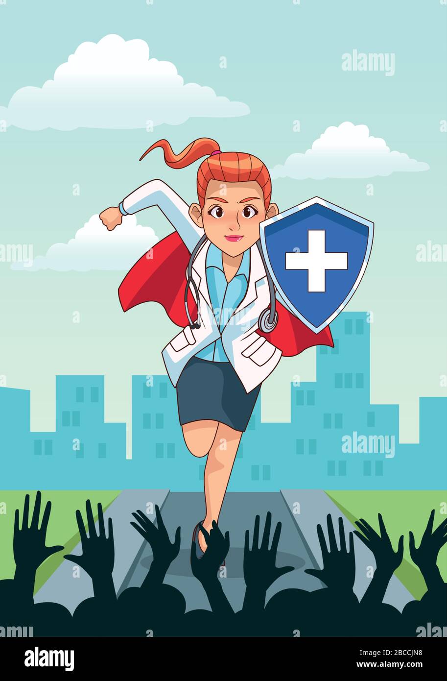 super female doctor running with shield and people cheering Stock ...