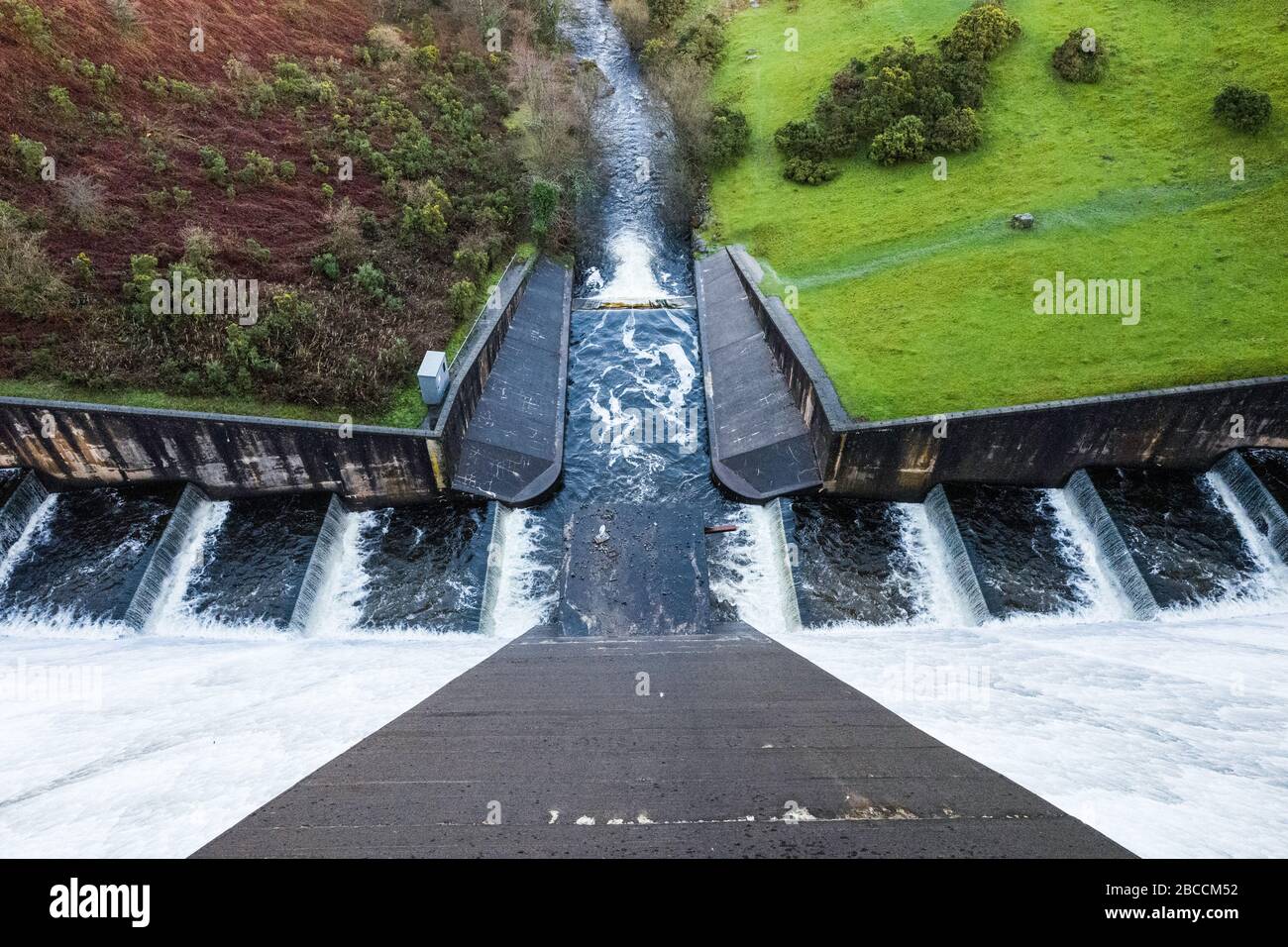 The spillway of Meldon Dam (1972), showing overflow of the West Olement ...