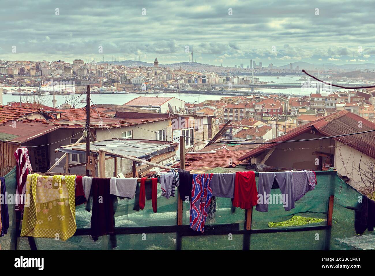 Istanbul, Turkey - February 12, 2020: Wet clothes are dried on a rope ...