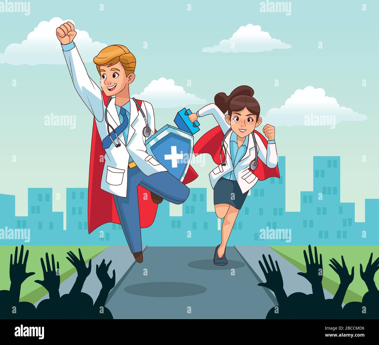 super doctors couple with people cheering characters Stock Vector Image ...