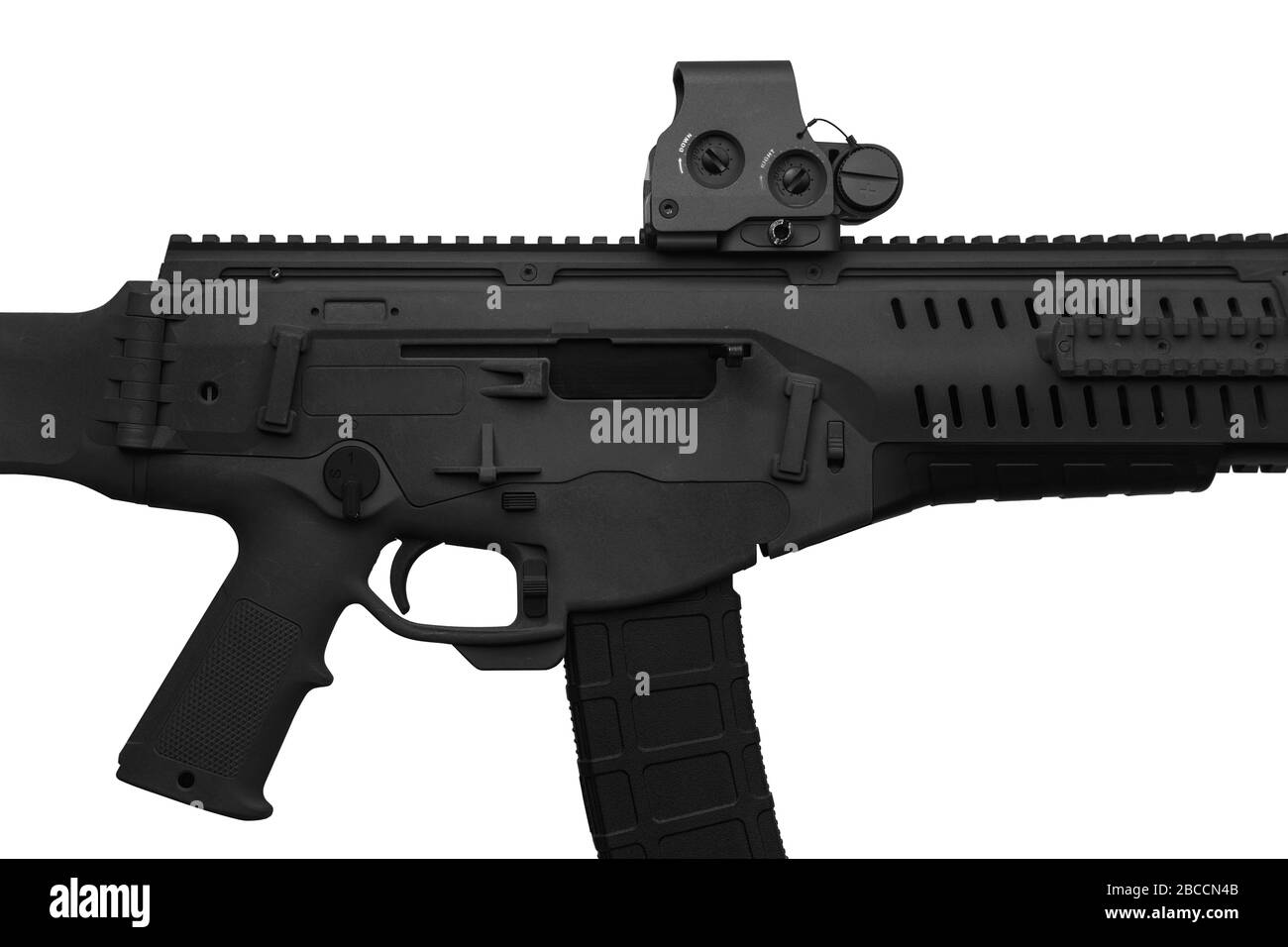 Modern automatic carbine with collimator sight isolate on white ...