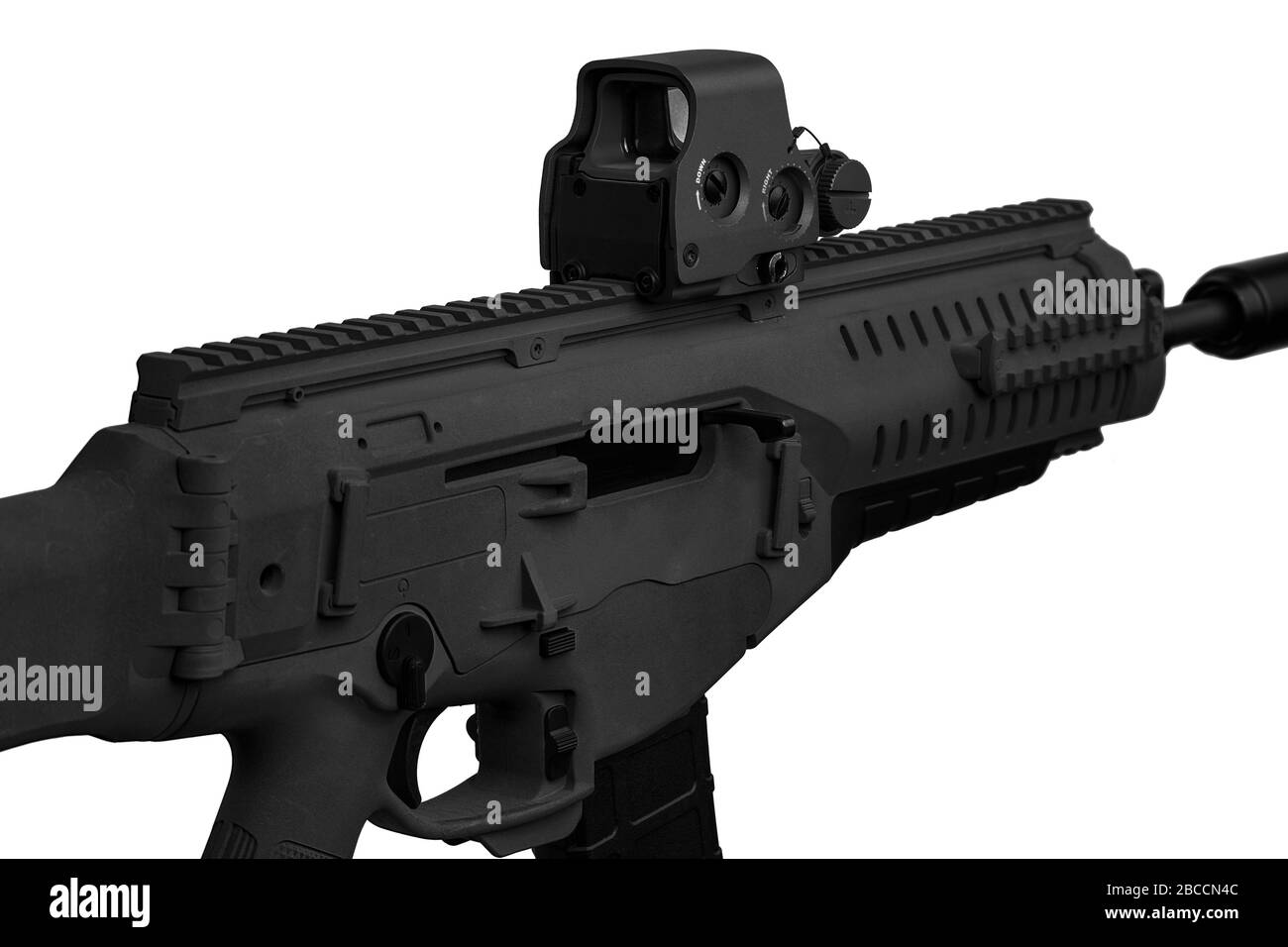 Modern automatic carbine with collimator sight isolate on white ...