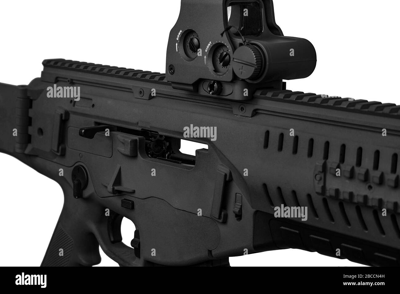 Modern automatic carbine with collimator sight isolate on white ...