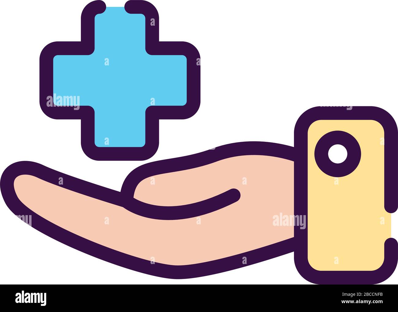 healthcare concept, hand with medical cross icon over white background ...