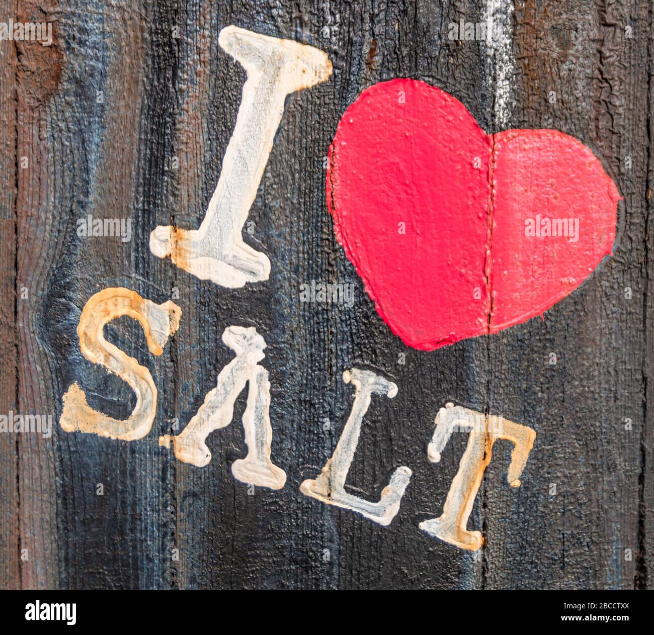 sign with I Love Salt from Mariager salt center. red heart Stock Photo ...