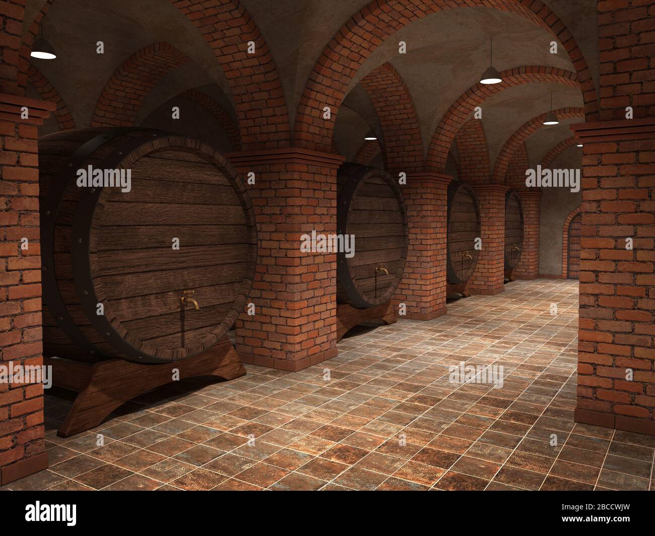 Wine barrels in wine-vaults. Mixed media. Interior of wine vault with ...
