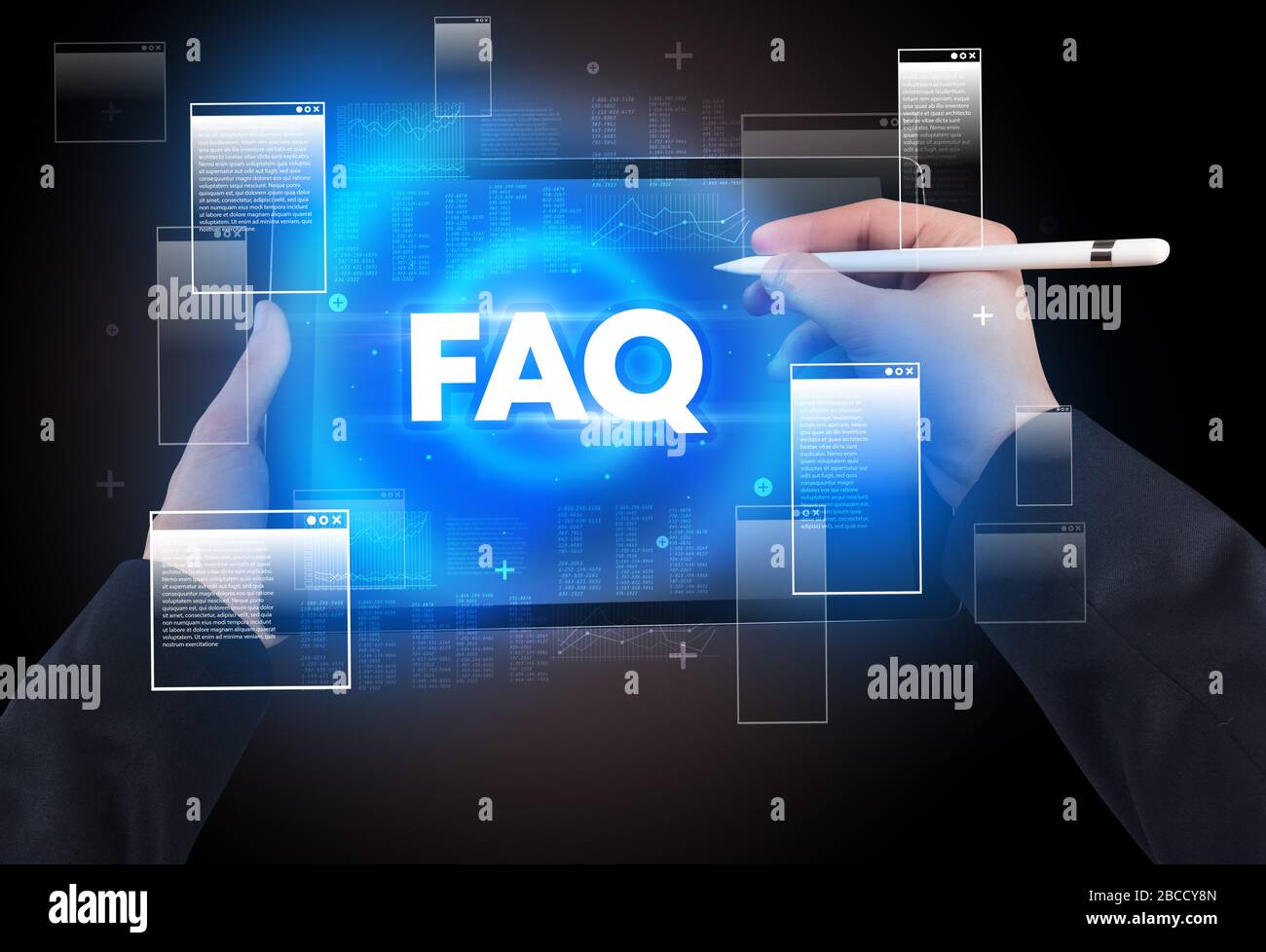 Close-up of a hand holding tablet with FAQ abbreviation, modern ...