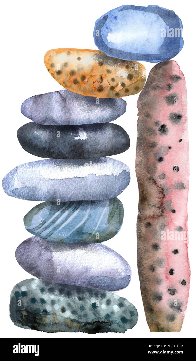Watercolour painting of a stack of flat pebbles Stock Photo - Alamy