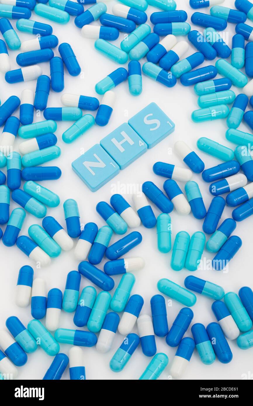 NHS letters tiles & assorted blue pills. For NHS 75th birthday, NHS ...