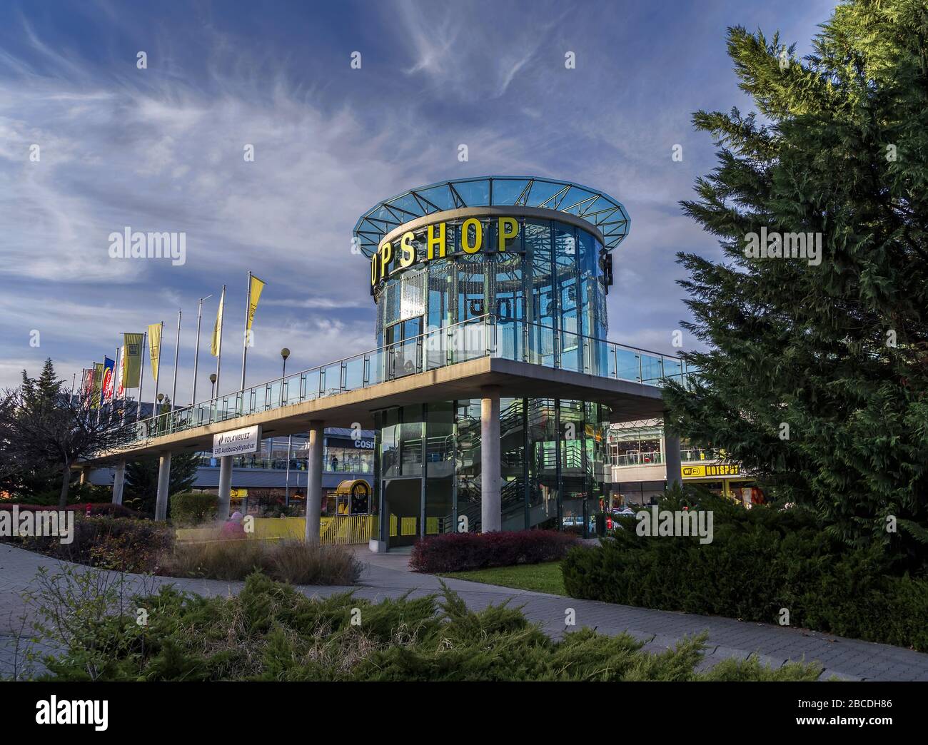 The modern complex of the shopping center and bus station at Érd ...