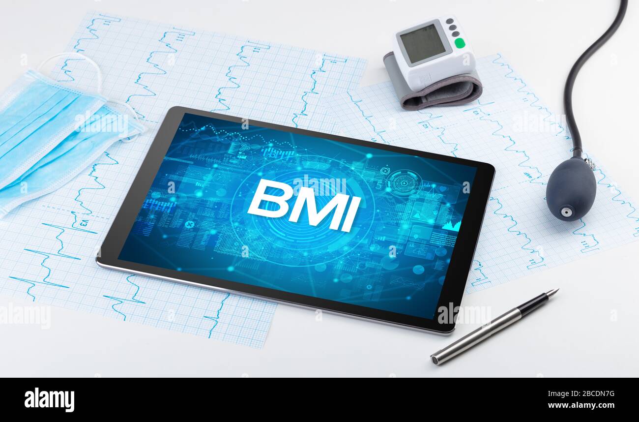 Close-up view of a tablet pc with BMI abbreviation, medical concept ...