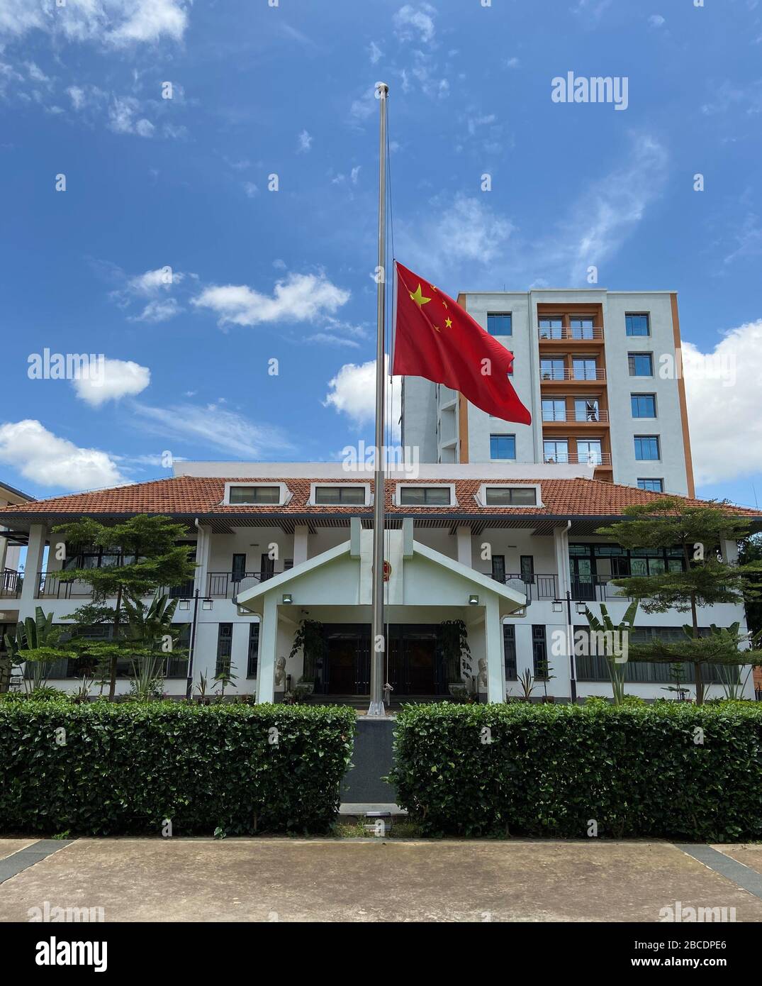 Kigali, Rwanda. 4th Apr 2020. A Chinese national flag flies at half ...