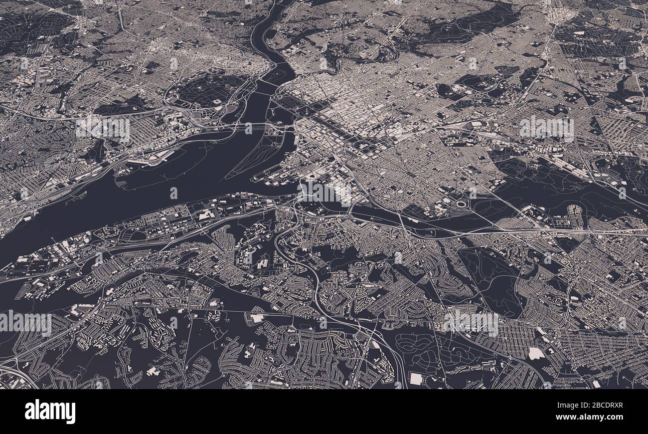 Washington DC city map 3D Rendering. Aerial satellite view Stock Photo ...
