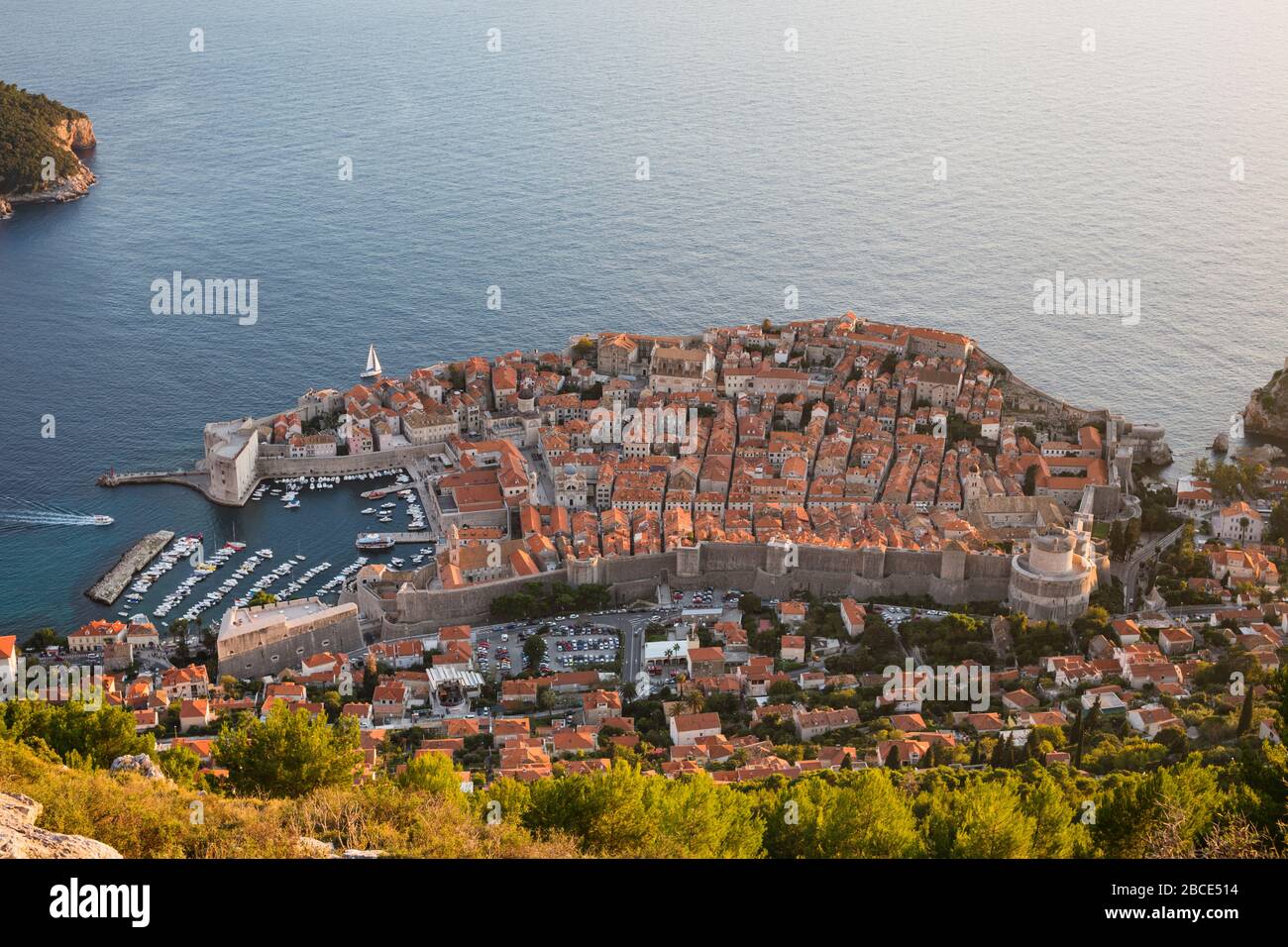 Old Town of Dubrovnik, viewed from Mt Srd at sunset, Croatia Stock ...