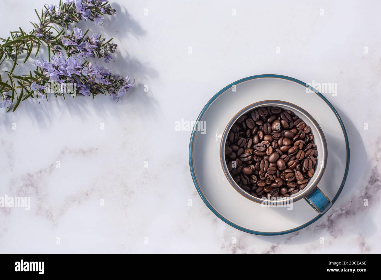 Flat Lay - Coffee & coffee beans in cup and saucer on white marble ...