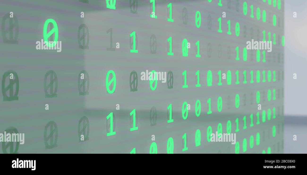 close up of green binary code on transparent display 3d render ...