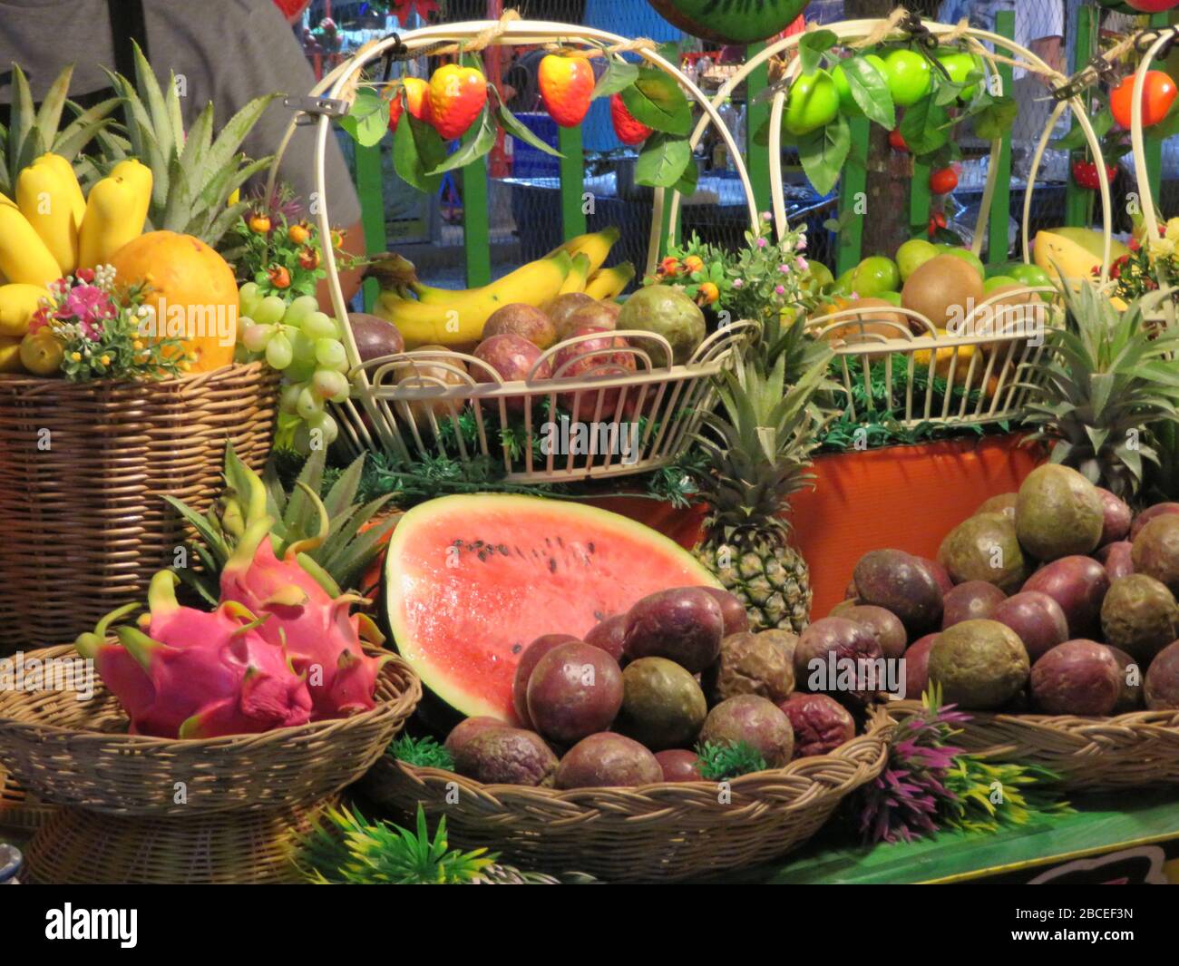 Thai fruits. Fruit market. Traditional stalls of colourful fruit ...
