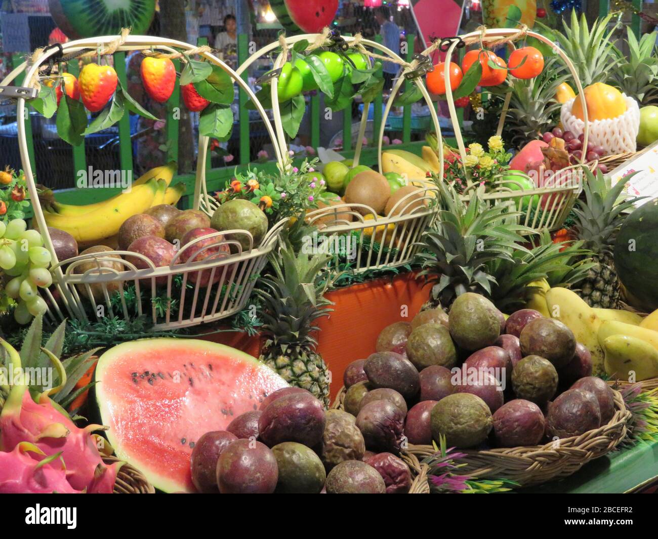 Thai fruits. Fruit market. Traditional stalls of colourful fruit ...