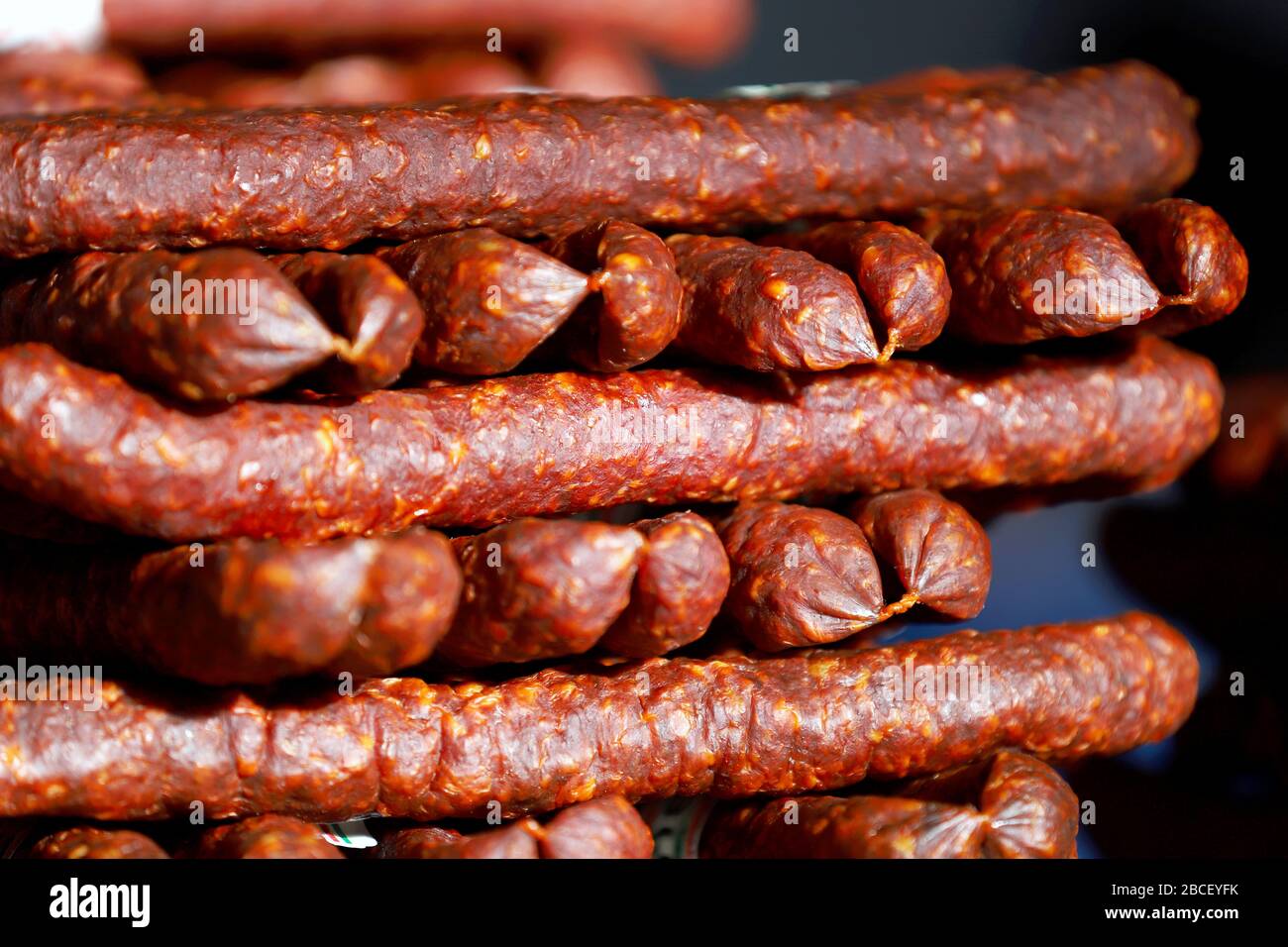 Traditional famous hungarian sausages arranged at the stand Stock Photo ...